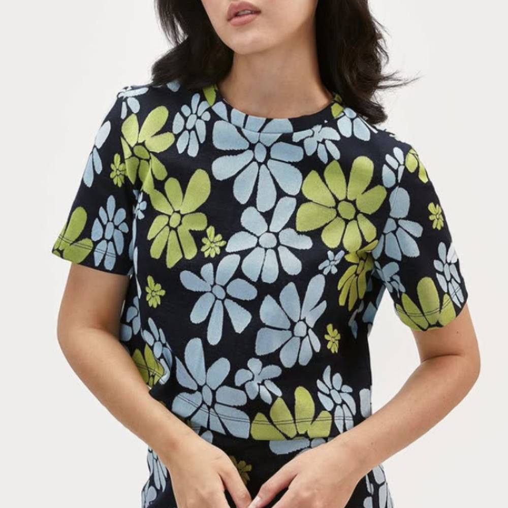 Jacquard Floral Knit Fabric by Marigold | Navy, Blue & Chartreuse – Les ...