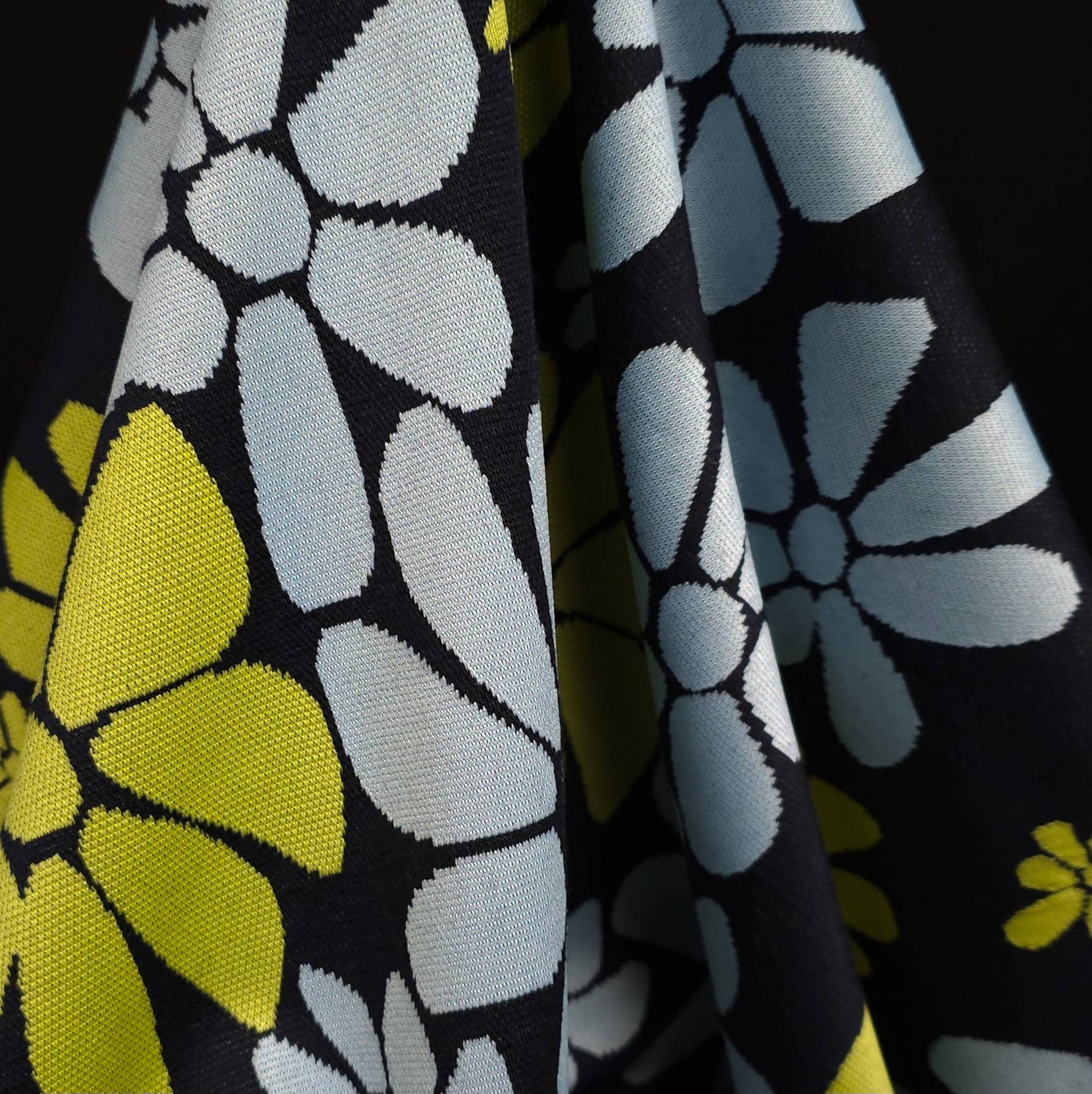 Jacquard Floral Knit Fabric by Marigold | Navy, Blue & Chartreuse – Les ...